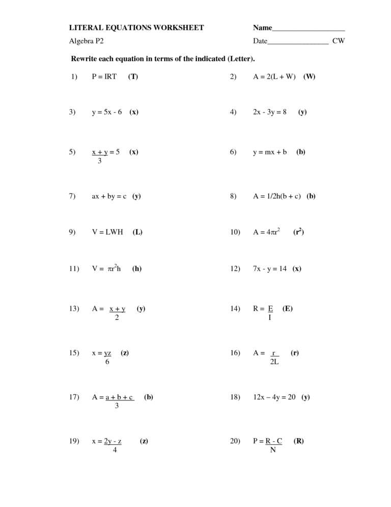 Top 9 Literal Equations Worksheet - The Teach Simple Blog